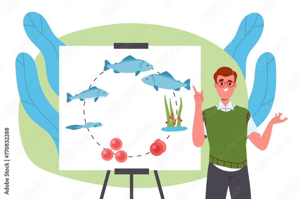 Biologist with fishes concept. Biology and wildlife and fauna. Young ...