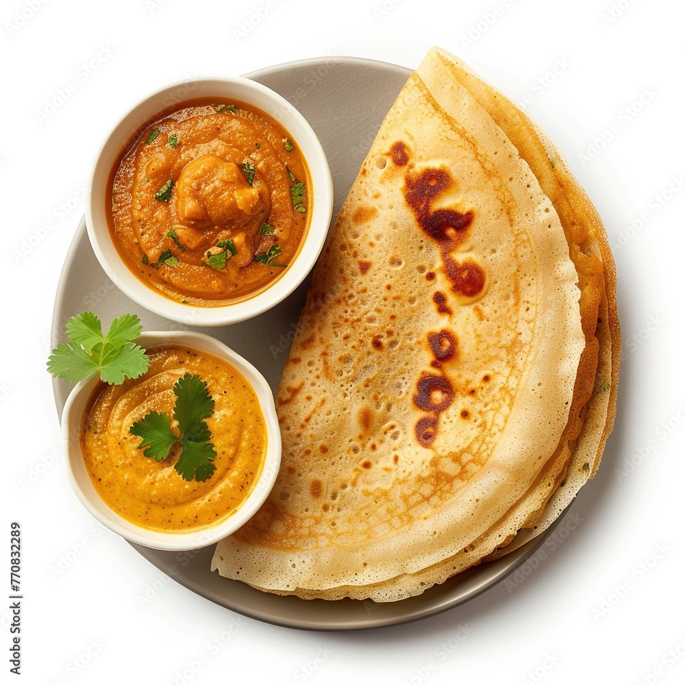 Cheese masala dosa recipe with sambar and chutney, selective focus top ...
