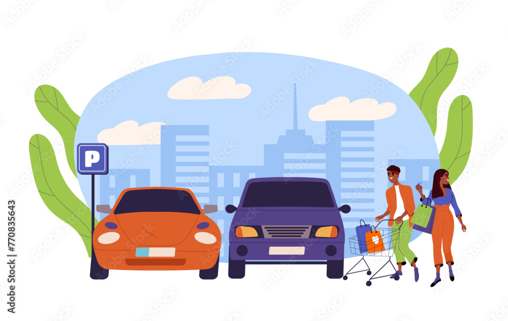 Vecteur Stock Car in parking lot concept. Man and woman with purchases ...