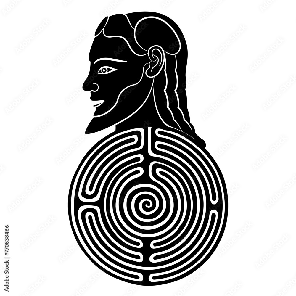 Head of a bearded man on top of a round spiral maze or labyrinth symbol ...