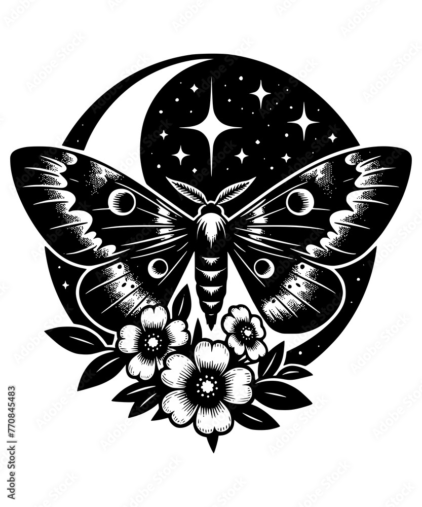 Celestial moth with flowers, stars, crescent moon, black vector boho ...