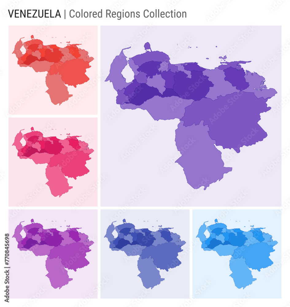 Venezuela map collection. Country shape with colored regions. Deep ...