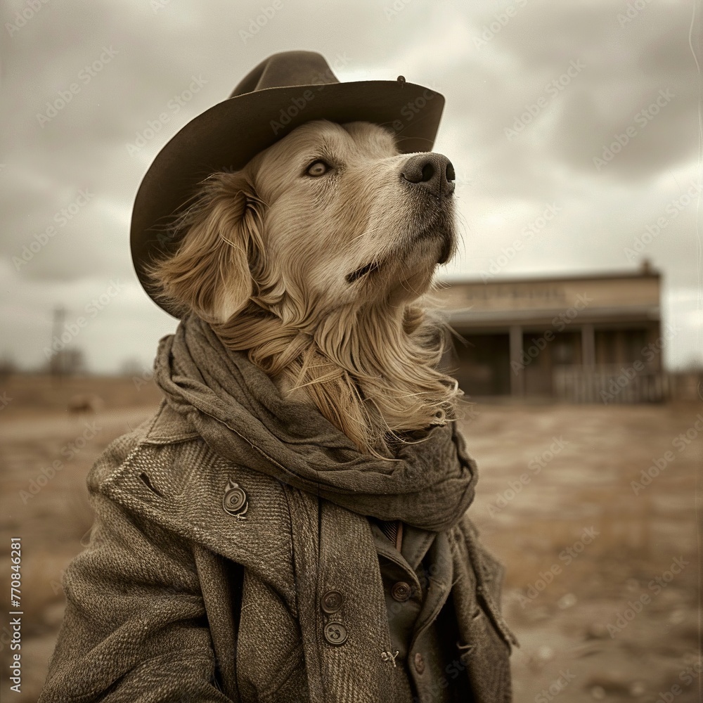 Cowboy dog in the Wild West, old western movie poster style, dusty ...