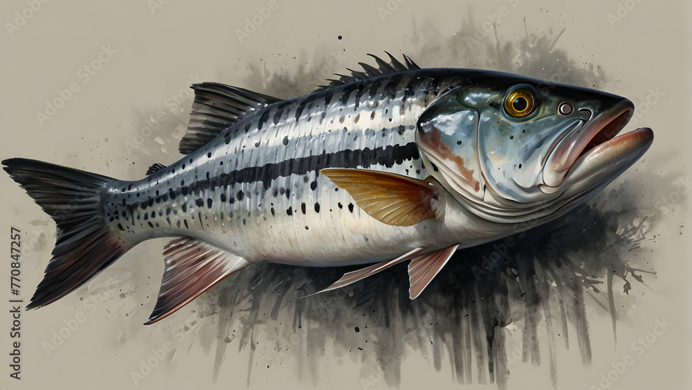 Artistic representation of a Spotted Bass fish, capturing its predatory ...