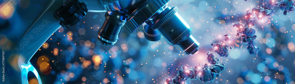 Biotechnology research on a molecular level, samples under a microscope ...
