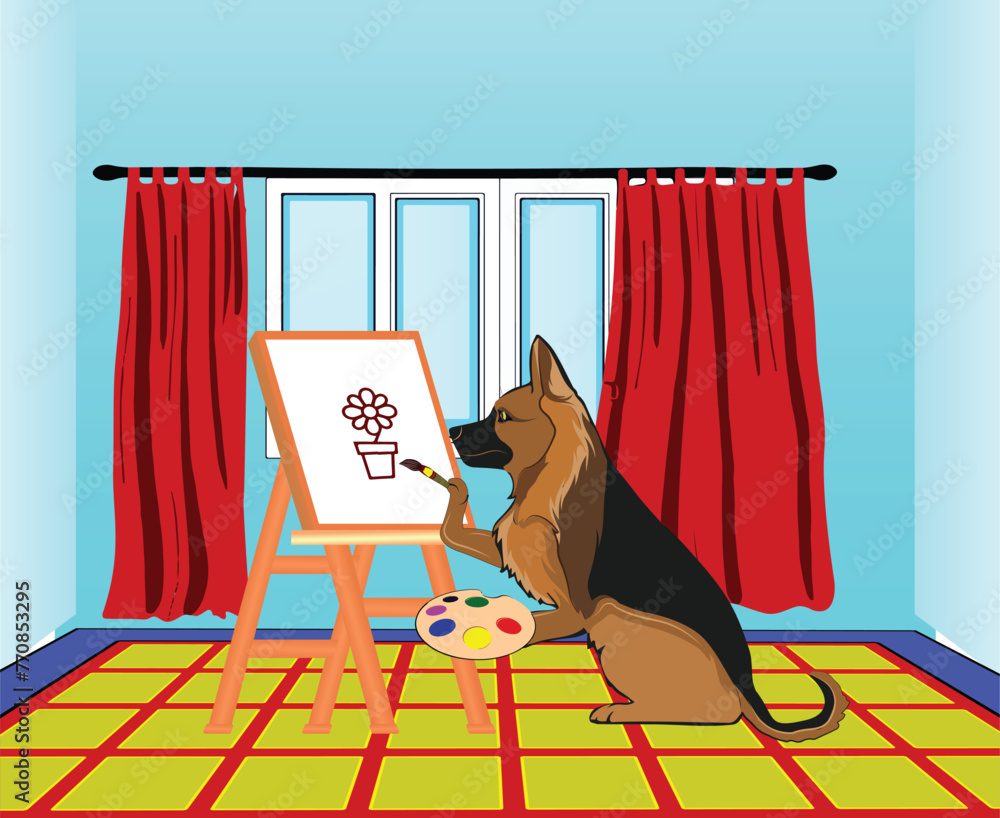 Dog is painting on art board design. colorful flat cartoon dog vector ...