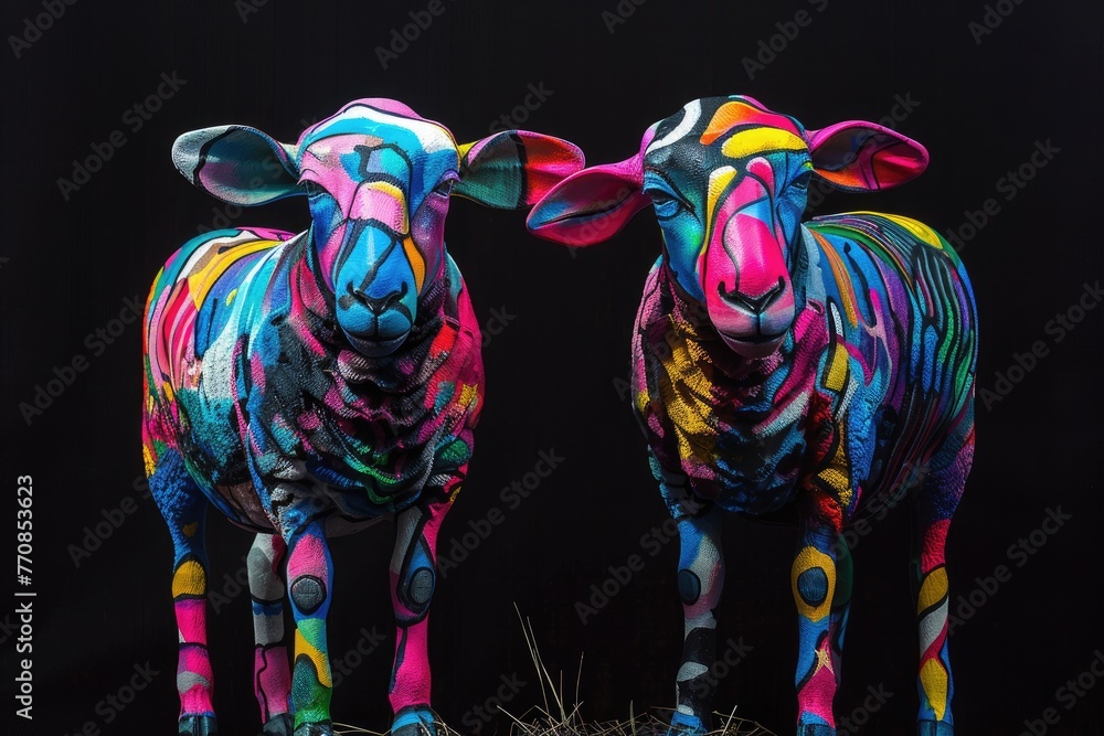 Abstract sheep sculptures painted in neon graffiti art styles against a ...