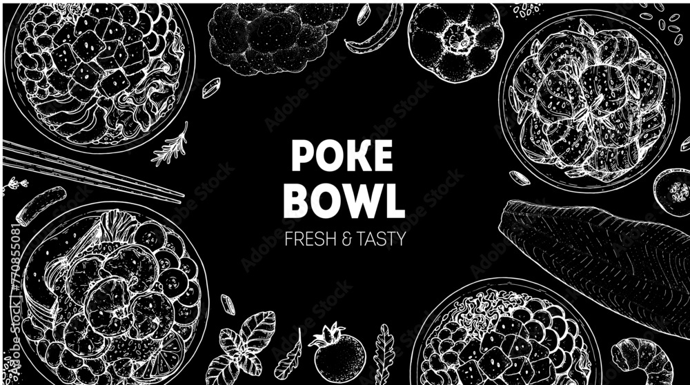 Poke Bowl frame. Hawaiian Food top view vector illustration. Food menu ...