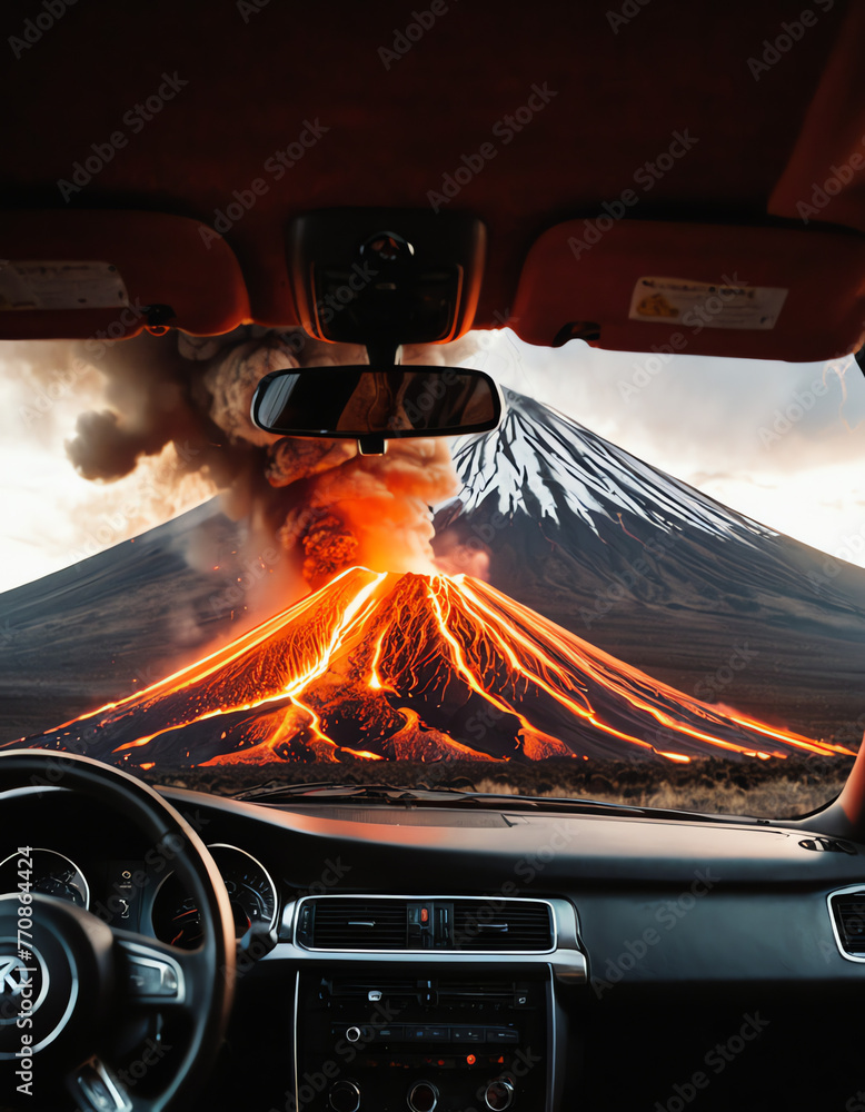 Erupting Volcano Viewed from Car Interior - Automotive Adventure ...