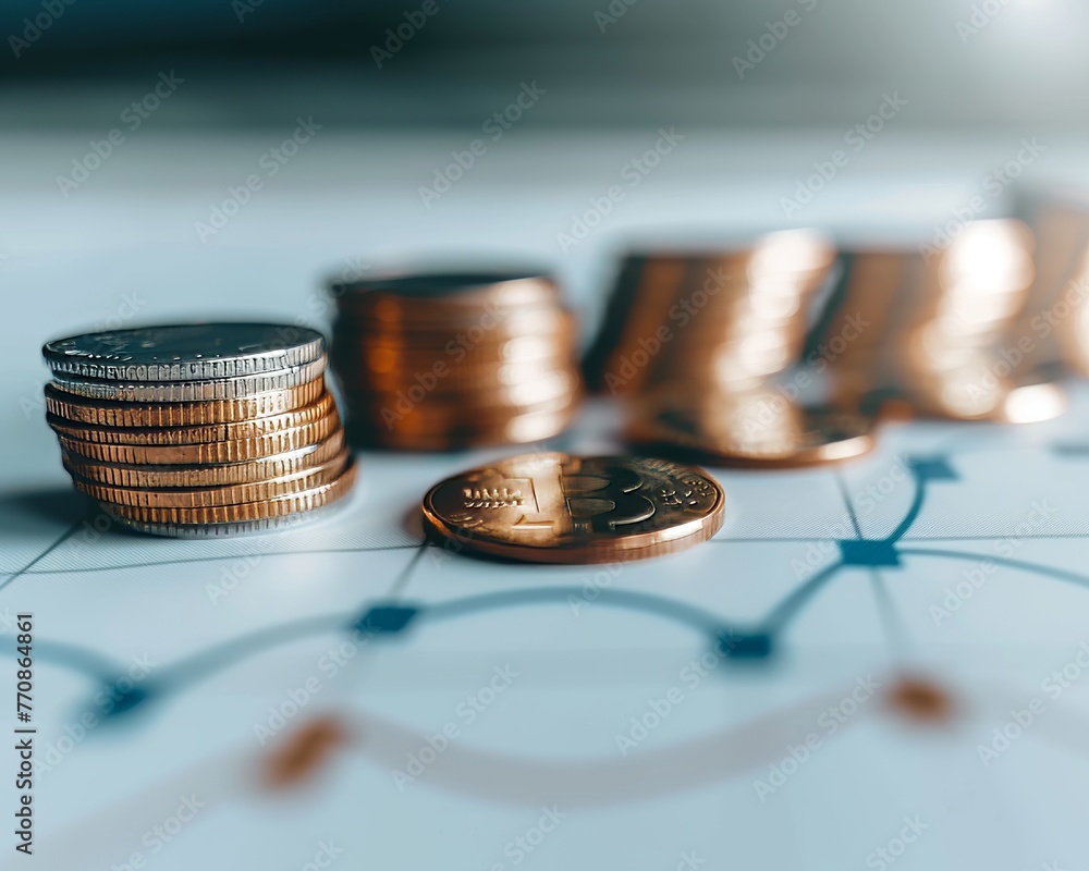 Piles of coins with an ascending line graph on a crisp white blue ...