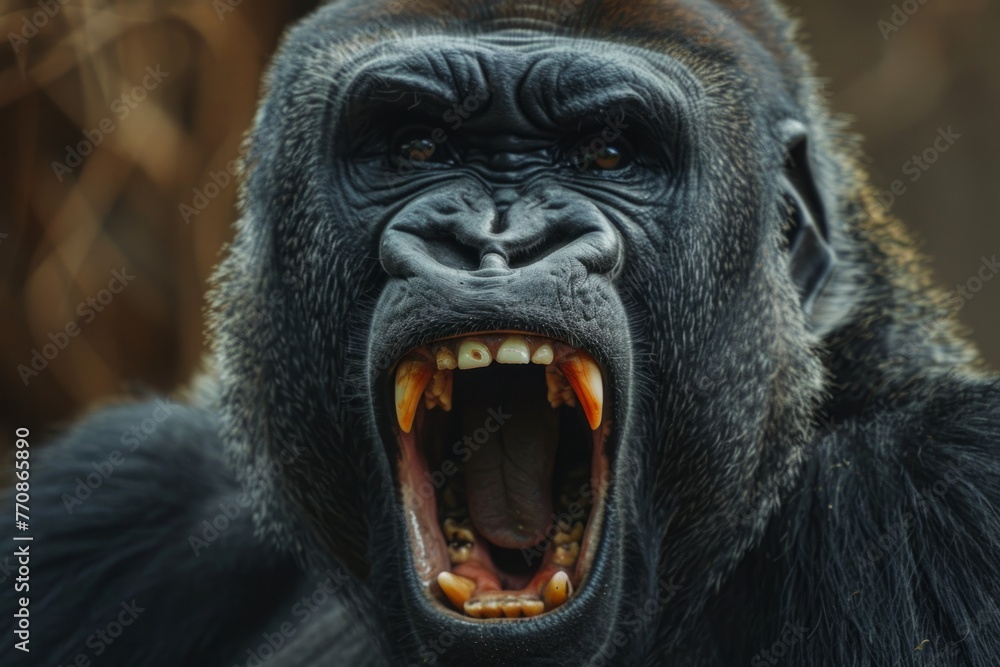 Angry gorilla with open mouth - A powerful and detailed close-up of an ...