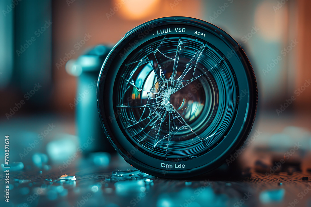 Broken lens filter, modern photo lens, down to floor, damaged lens ...