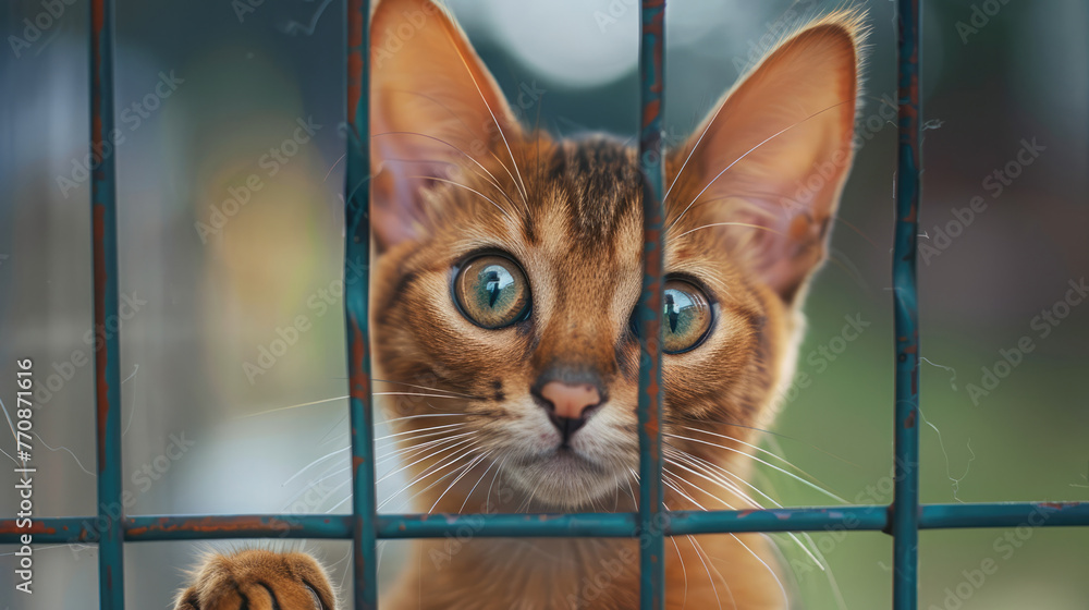 Unwanted and homeless cute sad cat in the cage, specialized pet shelter ...