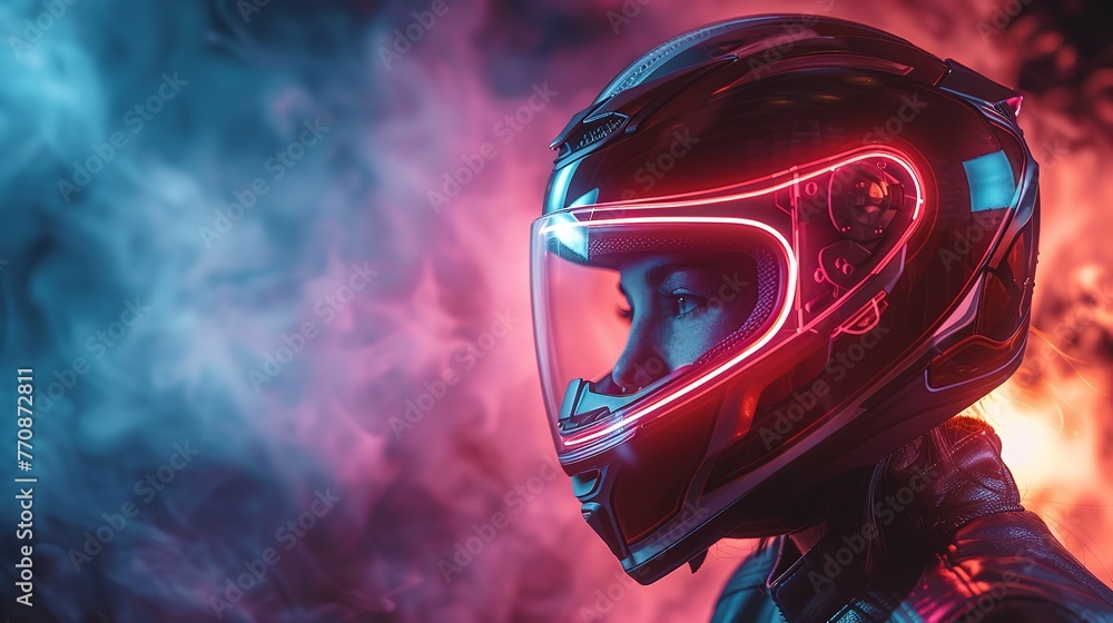 Biker on a dark background, wearing a neon-colored helmet. Banner ...