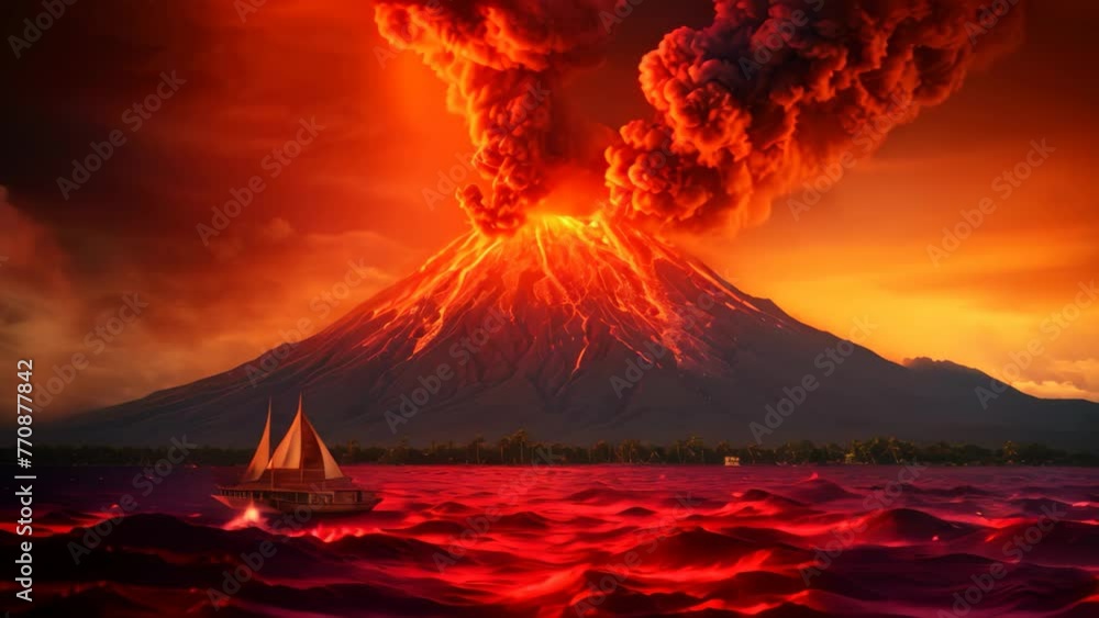 A boat sails calmly in a body of water, framed by the majestic presence ...