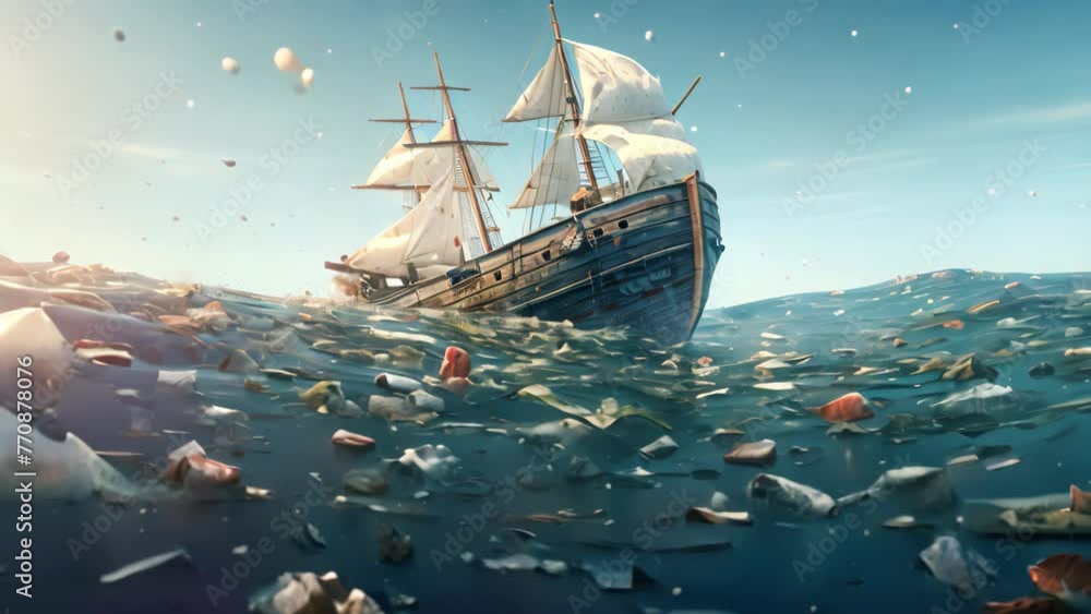 A photo of a ship navigating through a sea of garbage, highlighting the ...