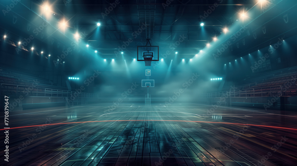 Large indoor basketball court in darkness and spotlights reflecting in ...