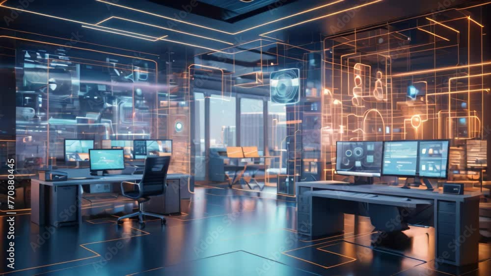 A high-tech office space filled with a multitude of computers and ...