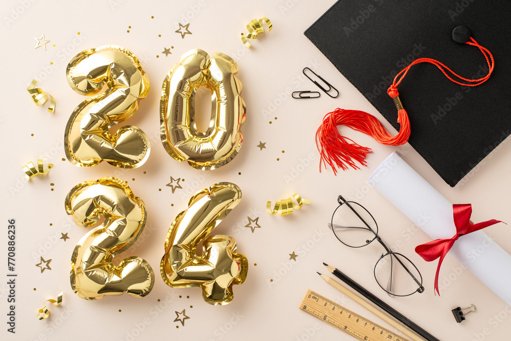 Educational accomplishment scene. Flat lay top view of 2024 shimmering ...