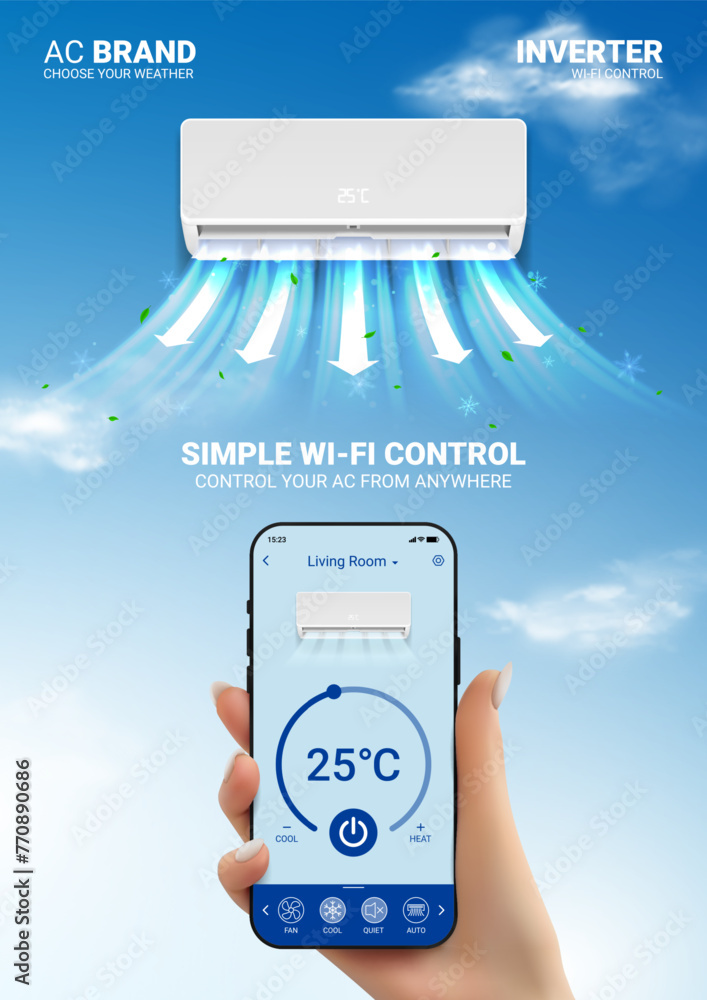 Ad poster of air conditioner. Concept of ac with wi-fi remote control ...