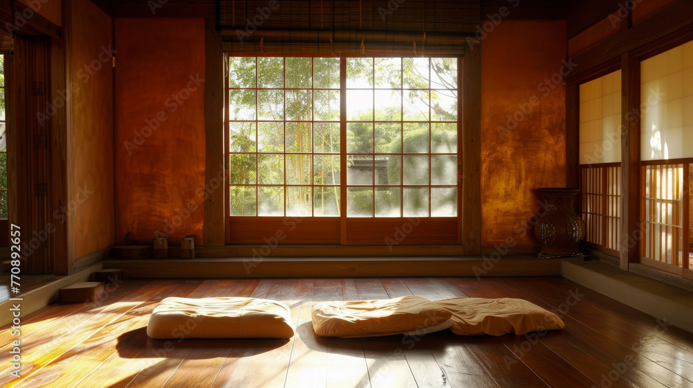 Traditional Japanese room with tatami floor, shoji screen doors, and ...