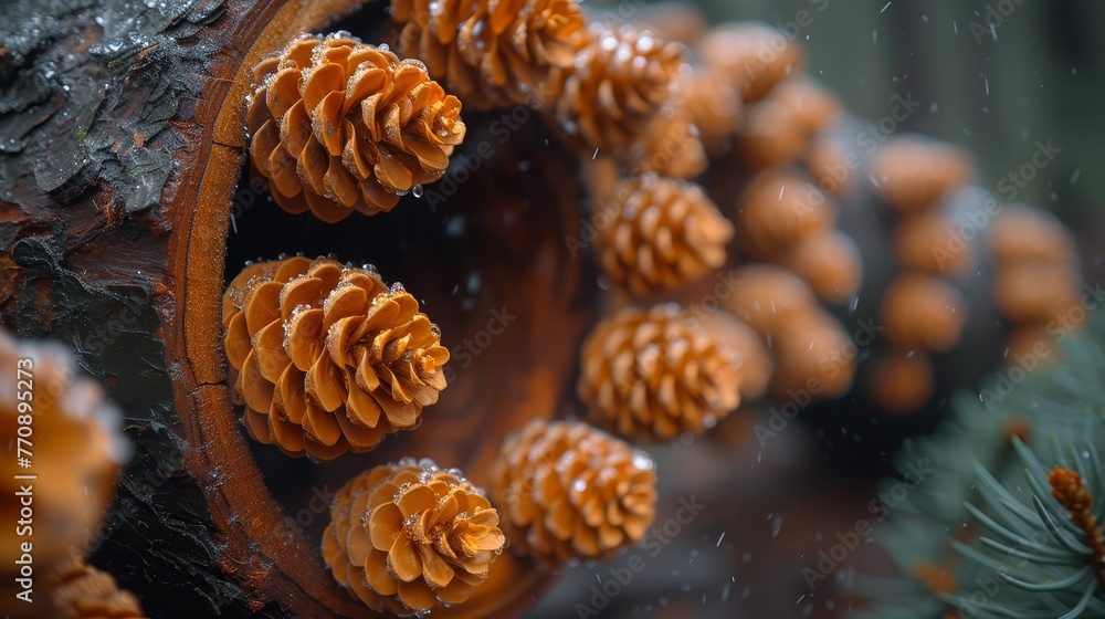 A group of pine cones atop a tree stump One pine cone rests atop ...