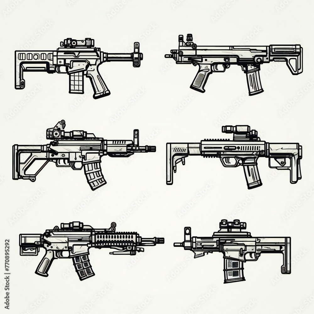 set of machine gun black outline white illustration Stock Illustration ...
