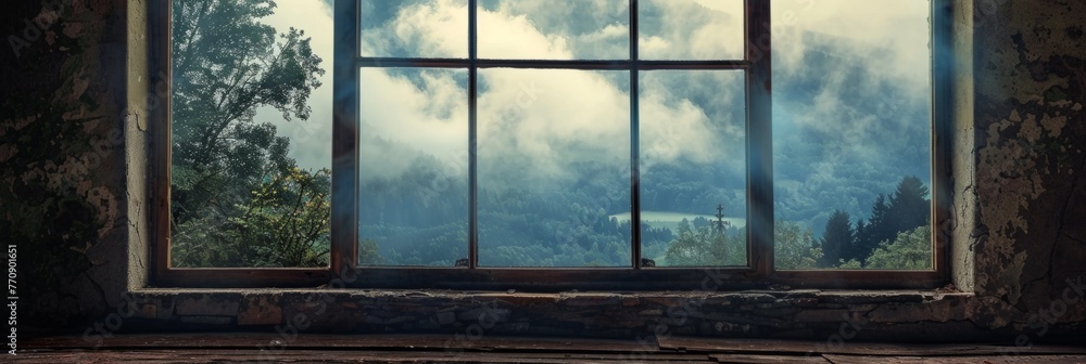 Misty mountain view through old window - An aged window frame opens to ...