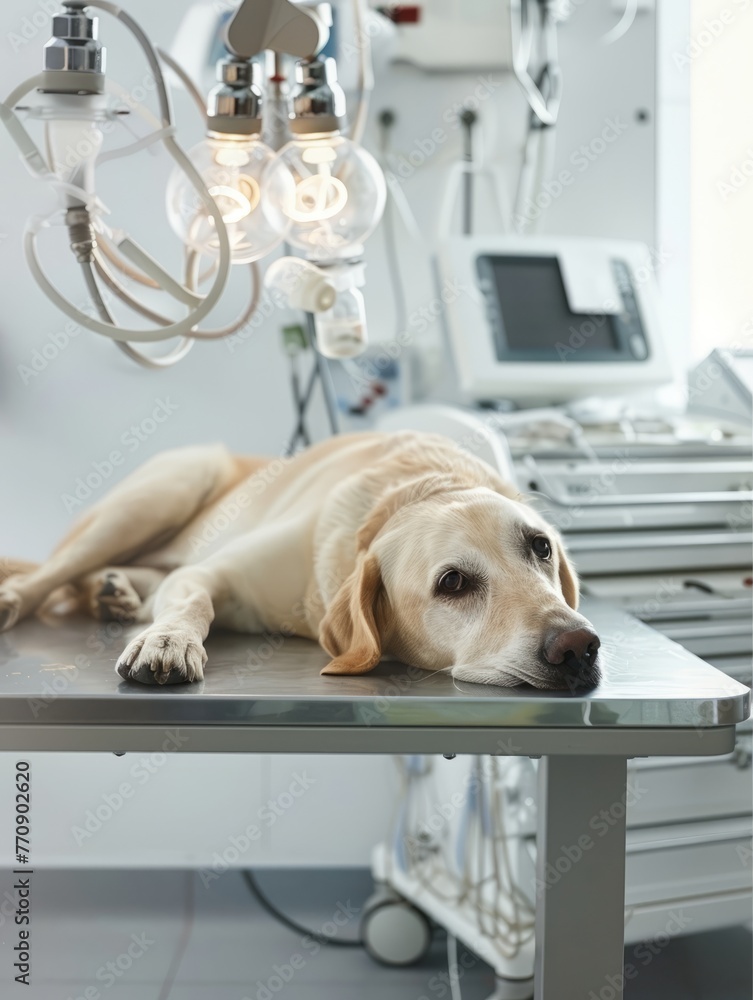 Labrador dog lying on an operating table with an oxygen mask, in the ...