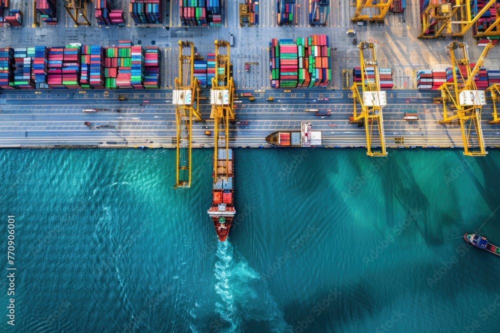 An aerial view shows the complex structure of a seaport containers ...
