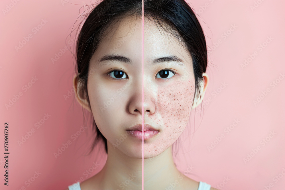 One asian girl with acne and with good skin. Split-face image showing ...
