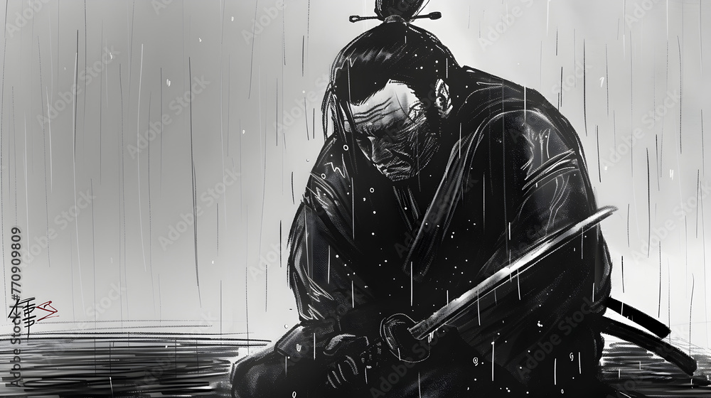high contrast black and white drawing of samurai crying by Joseph ...