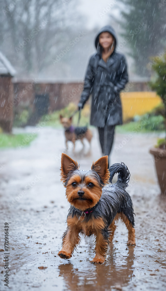 a dog walks in the mud and slush in the spring with its owner in a walk ...