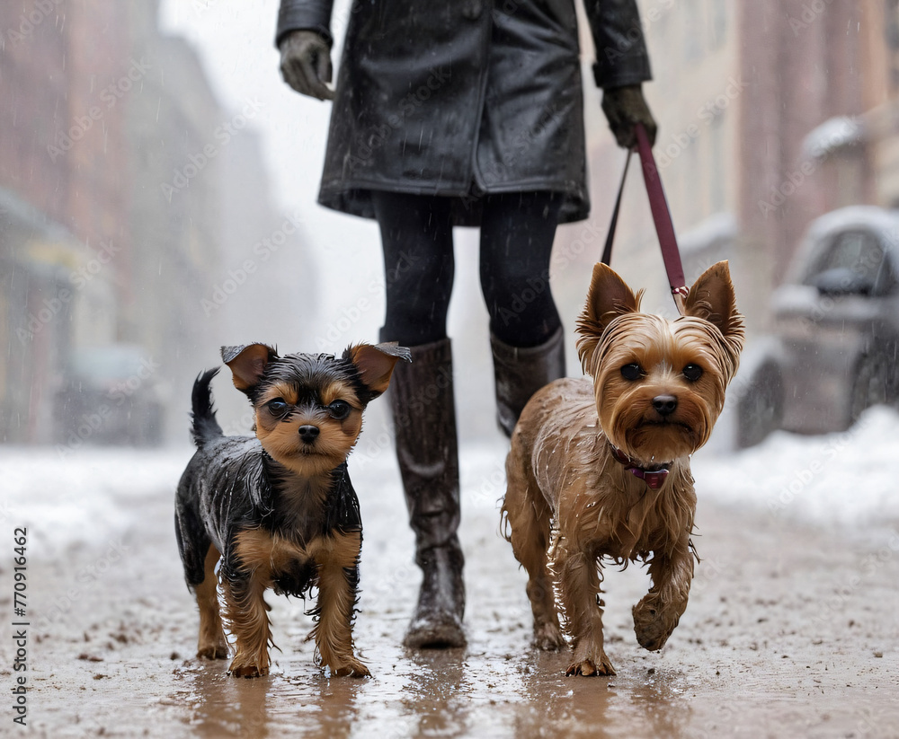 a dog walks in the mud and slush in the spring with its owner in a walk ...