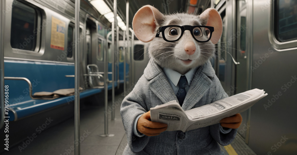 An anthropomorphic rat stands and reads a newspaper in a subway car ...
