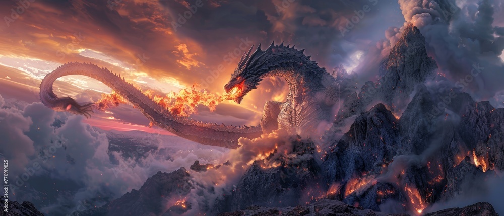 Epic fantasy scene of a fiery dragon emerging from a volcanic eruption ...