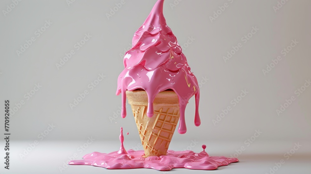 A pink ice cream cone with pink drips of ice cream on it. The image has ...