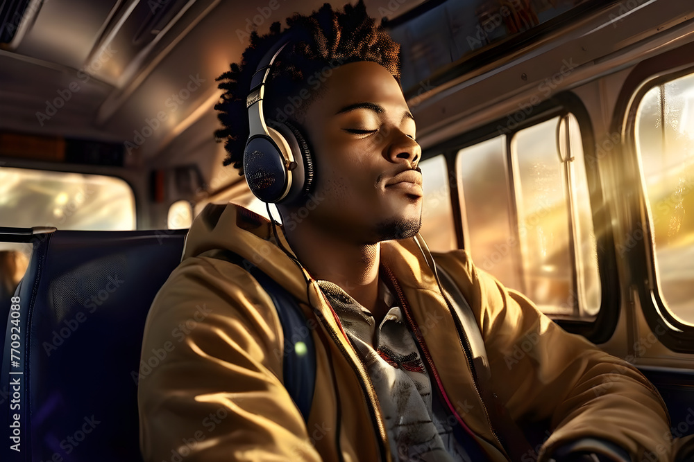 Calm African American student on the school bus with headphones near ...