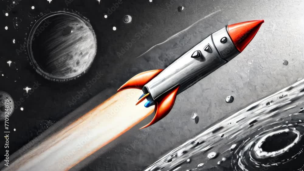 Looping animation of hand drawn pencil skatch of colorful rocket flying ...