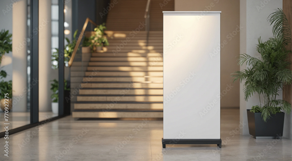 White roll-up banner template standing in lobby next to stairs. Blank ...
