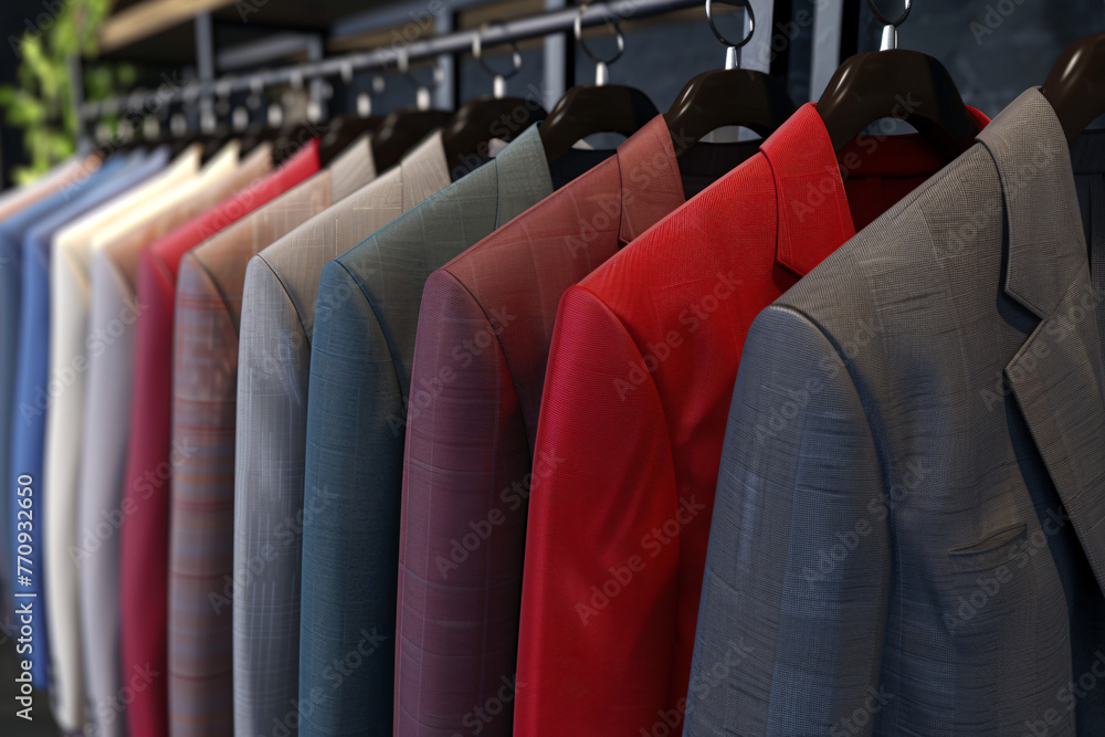 Elegant suits on display in a boutique with a focus on texture Stock ...