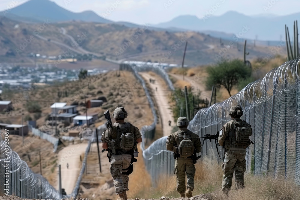 Military and border guards with weapons stand along the border with ...