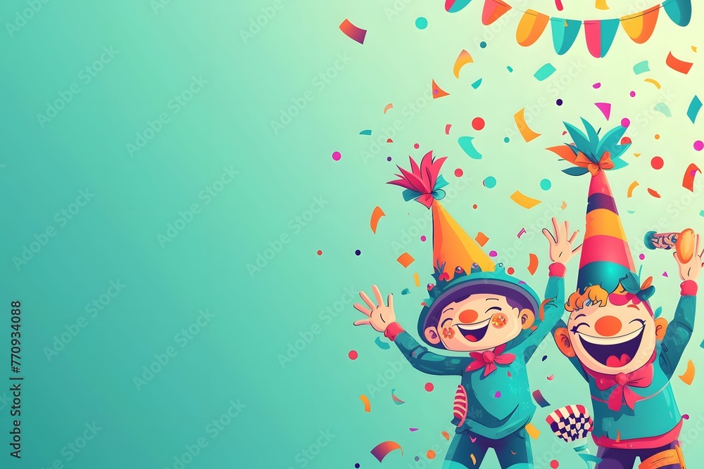 Animated Party Characters with Festive Hats and Confetti on Teal ...