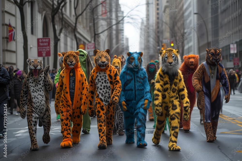 Protesters clad in vivid animal costumes march down the city street ...