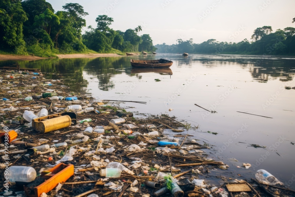 Plastic pollution on river bank. devastating impact on natural habitat ...