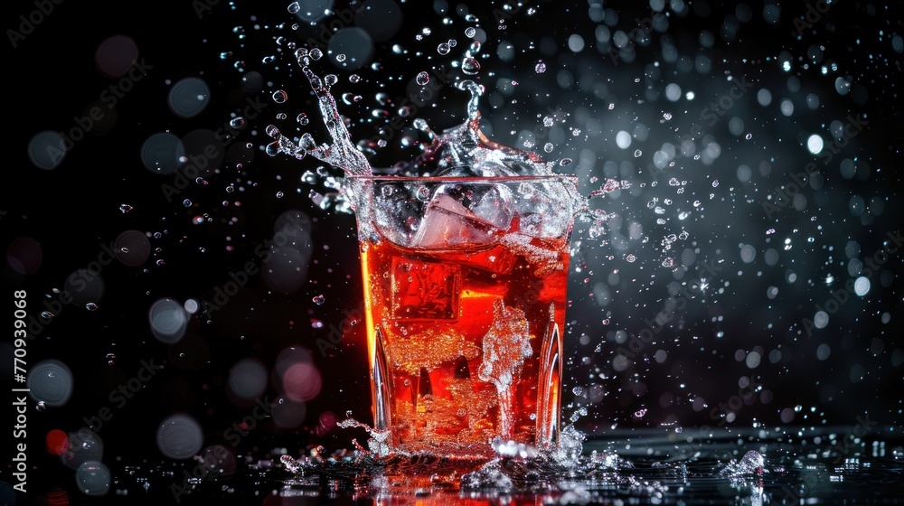 Red water drink splashes out of transparent glass on black background ...