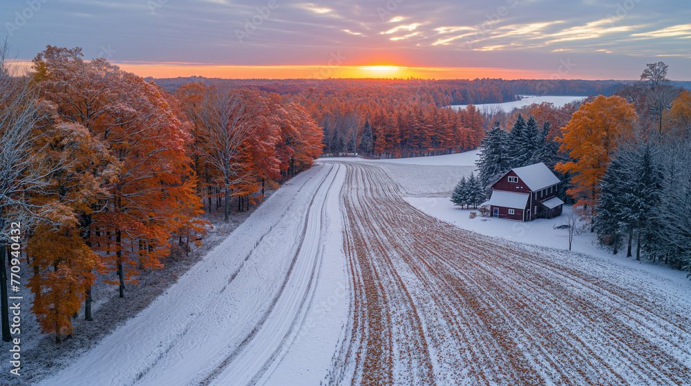 An aerial view of a sprawling maple syrup farm during sugaring season ...