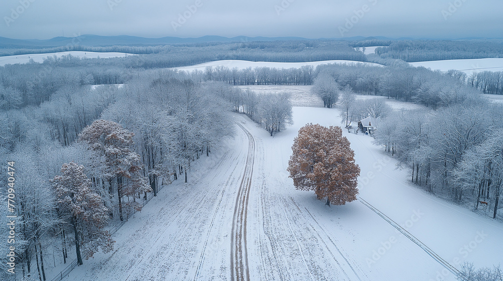 An aerial view of a sprawling maple syrup farm during sugaring season ...