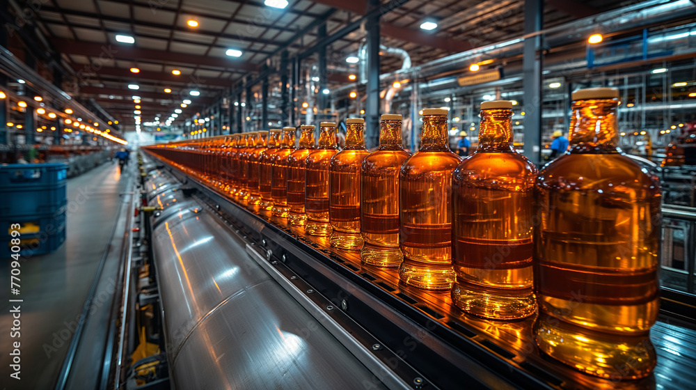 A maple syrup bottling facility in operation, with stainless steel vats ...