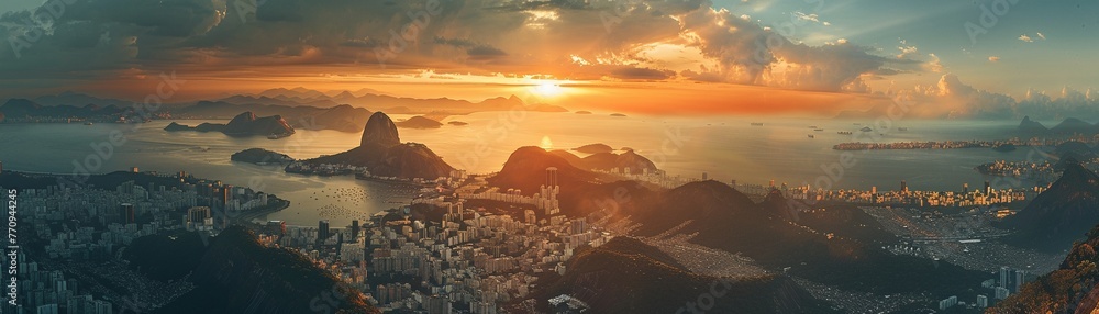 Rio de Janeiro, golden hour, iconic mountains, wide angle for a ...